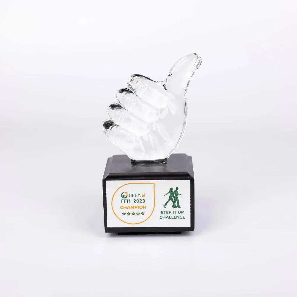 Thumbs Up Crystal Trophy - Personalized Employee Appreciation Trophy